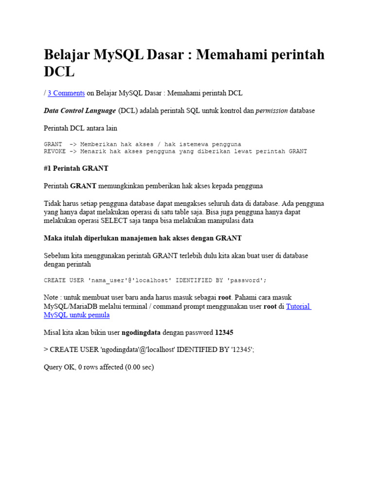 Panduan DCL MySQL: GRANT & REVOKE | PDF