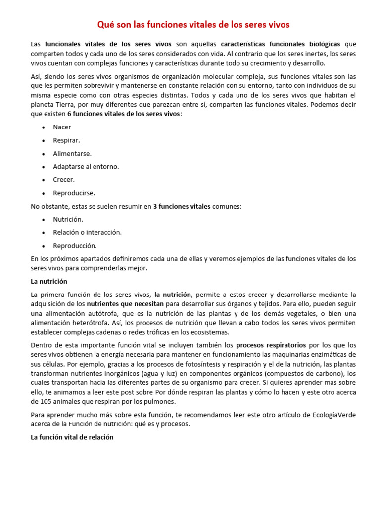 Funciones Vitales de los Seres Vivos | PDF | Adaptación | Evolución