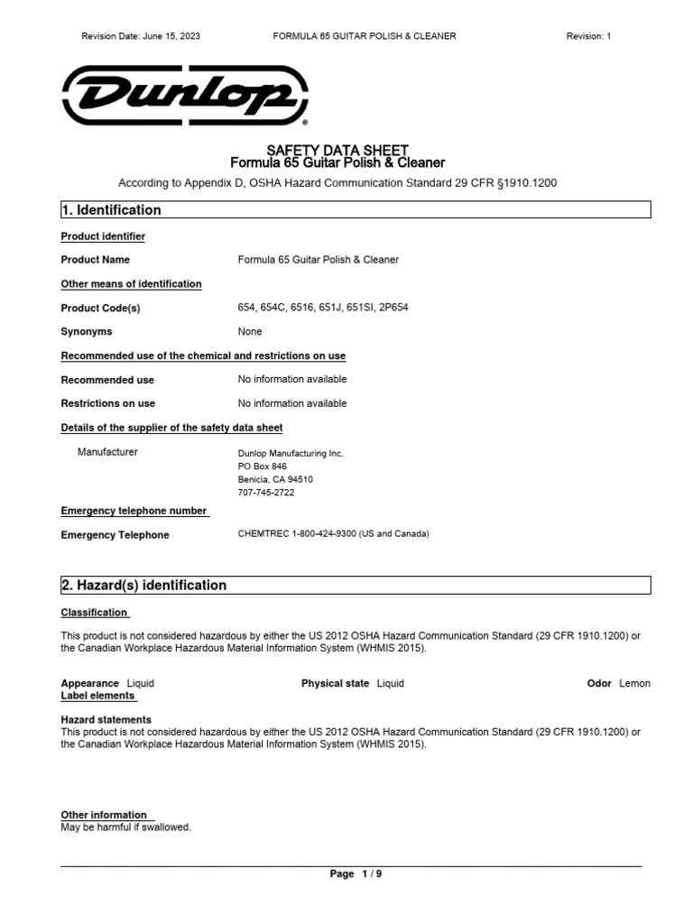 Sds Usa Formula 65 Guitar Polish & Cleaner Current Public | PDF