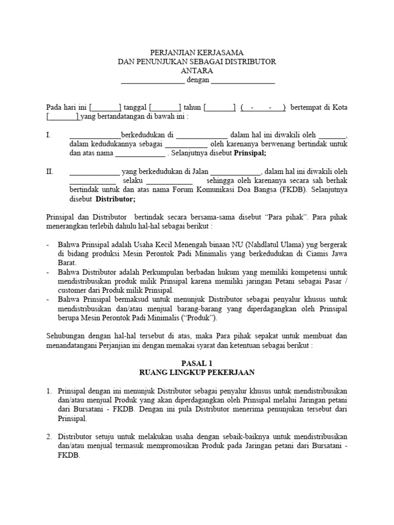 Surat Perjanjian Kerjasama Distributor | PDF | Bisnis | Pengelolaan Keuangan & Uang