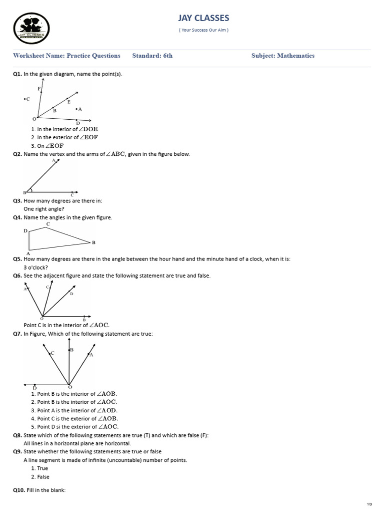 Basic Geometrical Ideas Worksheet 02 - 09 - 2023 | PDF | Line (Geometry) | Angle