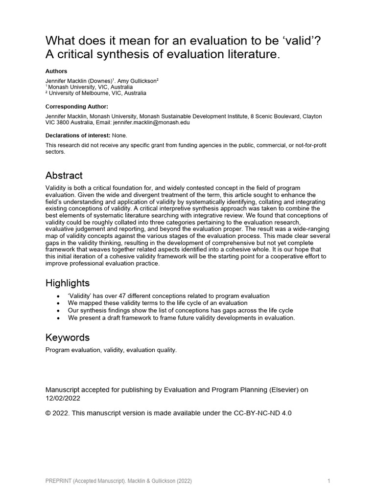Validity in Evaluation - EPP - Manuscript - Accepted Manuscript For ...