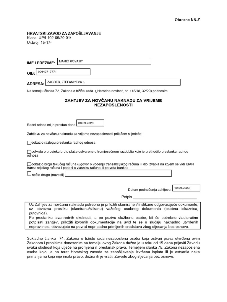 HZZ Obrazac Novcana Naknada 2021 1709 | PDF