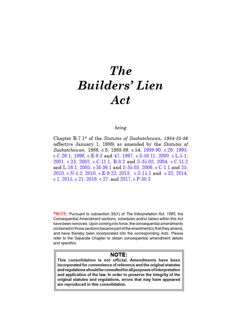 Saskatchewan Builders' Lien Act Overview | PDF | Trust Law | Legal ...