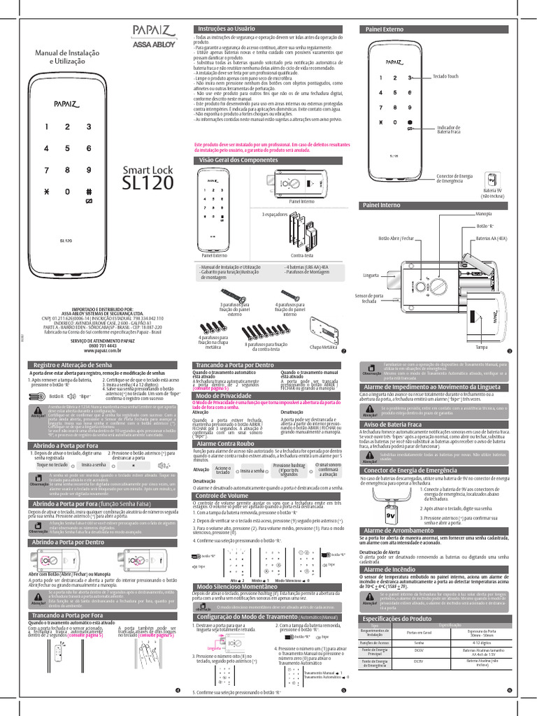 Manual Instalacao Utilizacao Fechadura Eletronica Smart Lock SL120 ...