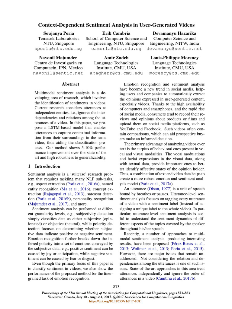 Context Dependent Sentiment Analysis in User Generated Videos | PDF | Cybernetics | Artificial ...