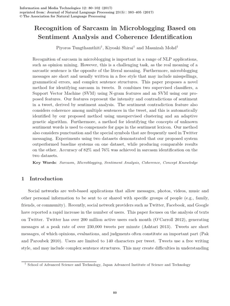 Recognition of Sarcasm in Microblogging Based On Sentiment Analysis and Coherence Identification ...