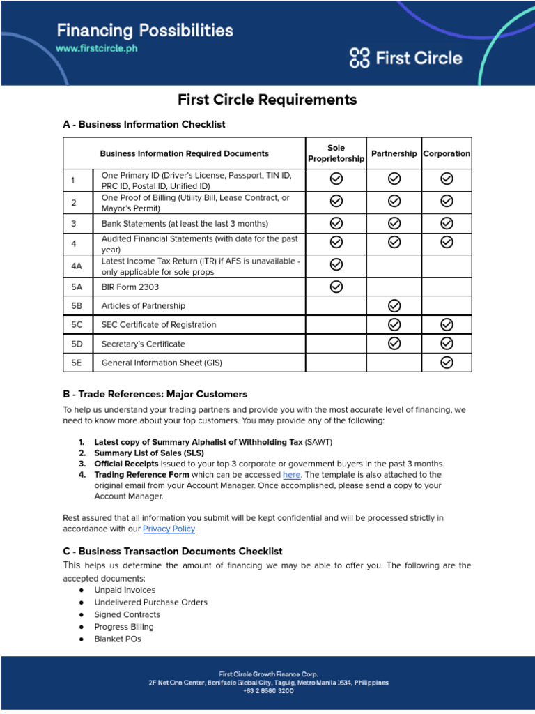 First Circle New Customer Document Checklist | PDF | Invoice | Receipt