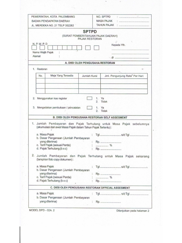 Surat Pemberitahuan Pajak Daerah Pajak Restoran | PDF