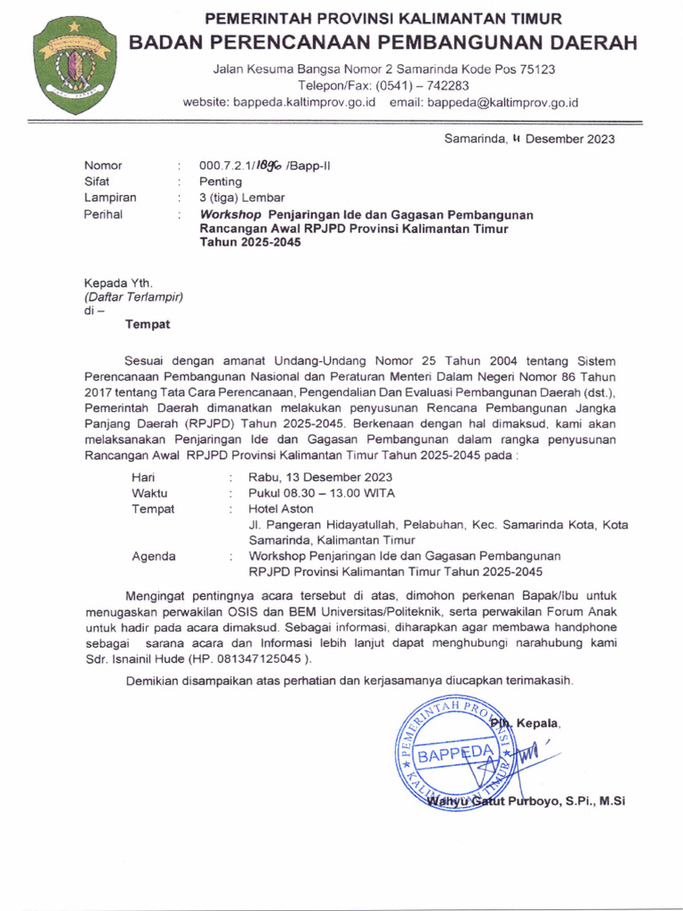 Undangan Workshop Penjaringan Ide Dan Gagasan Pembangunan RPJPD Prov ...