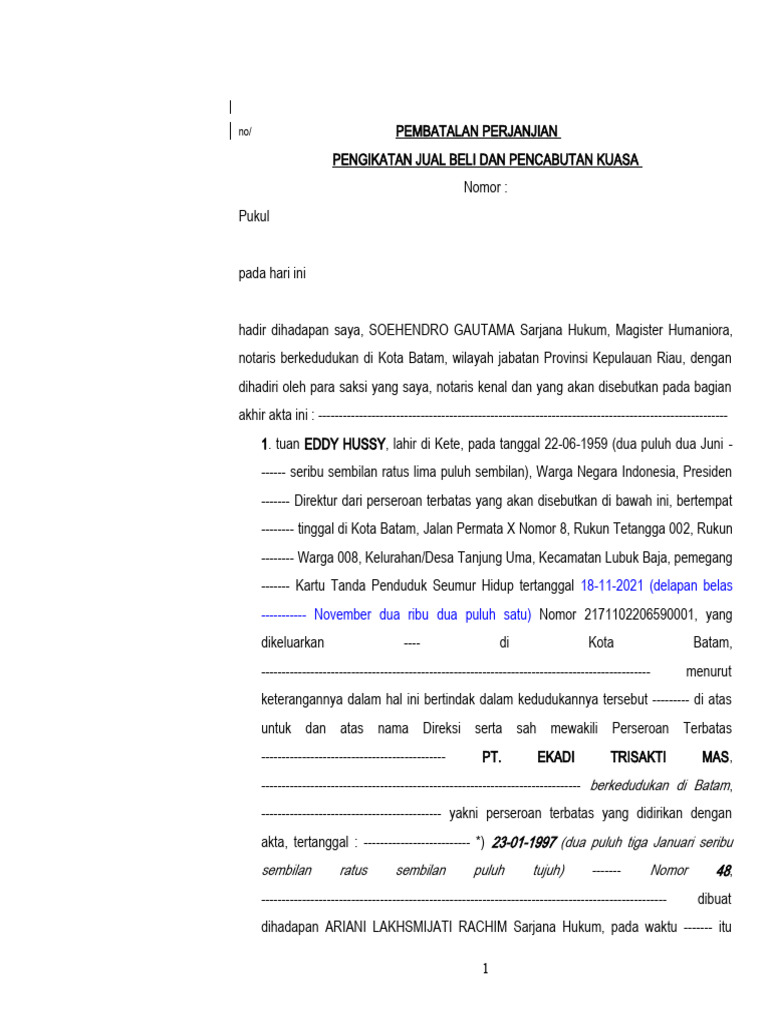 Pembatalan Perjanjian Jual Beli Batam | PDF