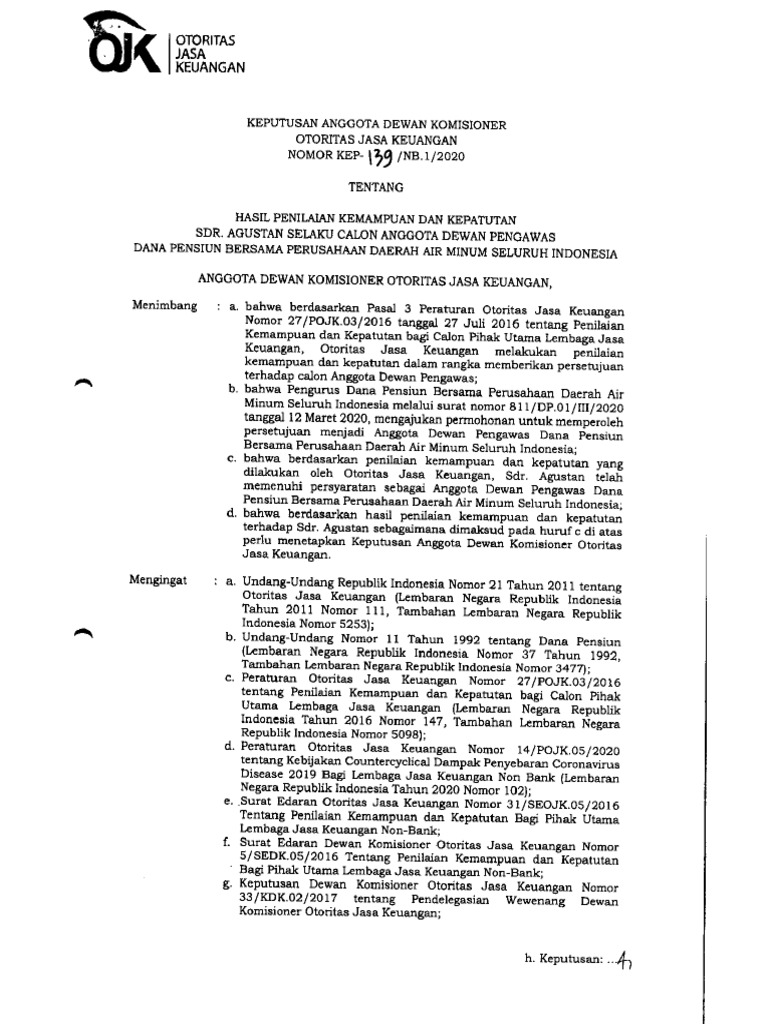 OJK Nomor Kep-139-NB.1-2020 | PDF