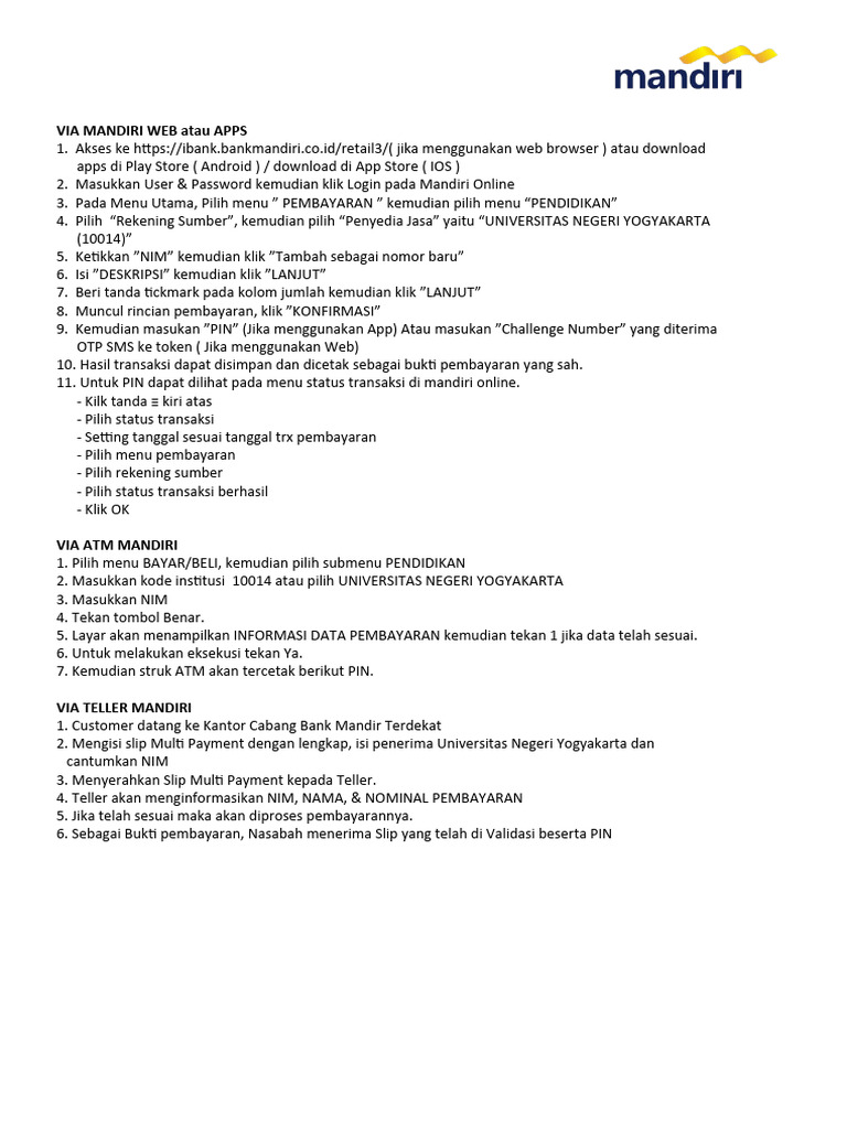 Panduan Pembayaran UKT UNY Mandiri | PDF