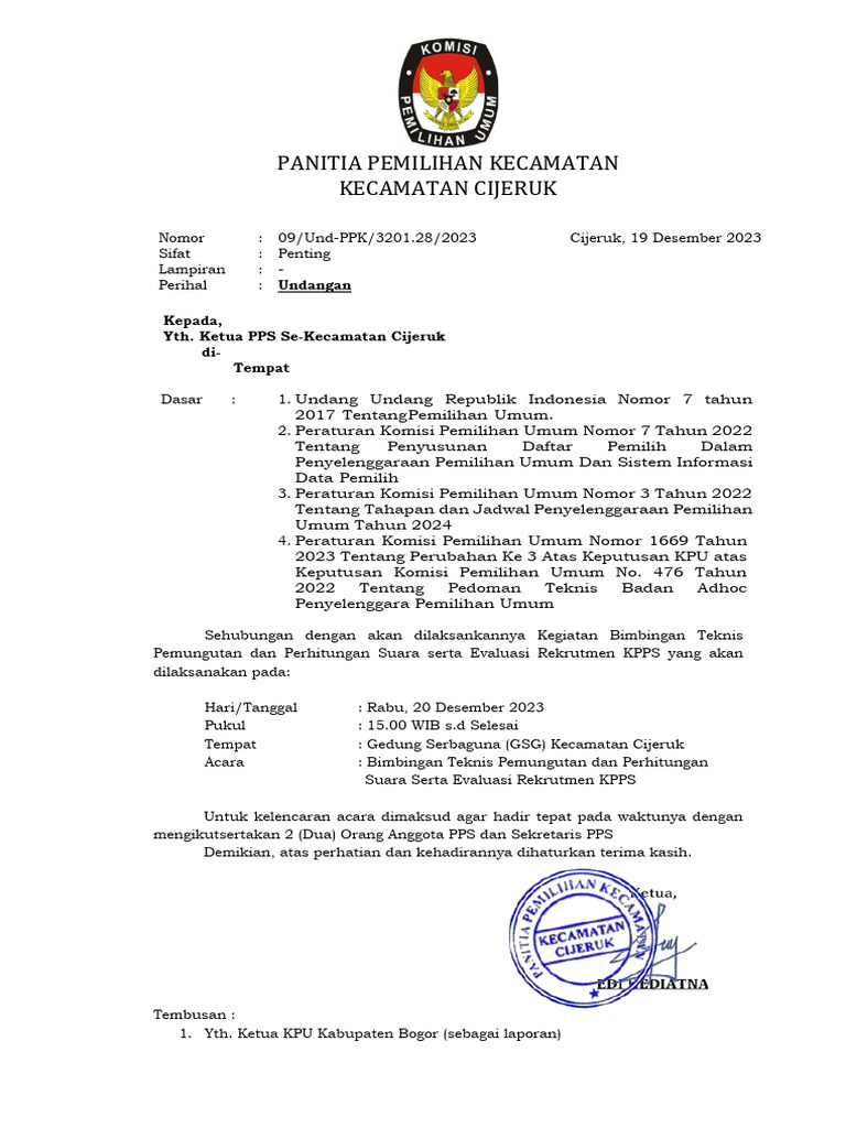 Surat Undangan Bimtek P2S Dan Evaluasi Rekrutmen KPPS 19-12-2023 | PDF
