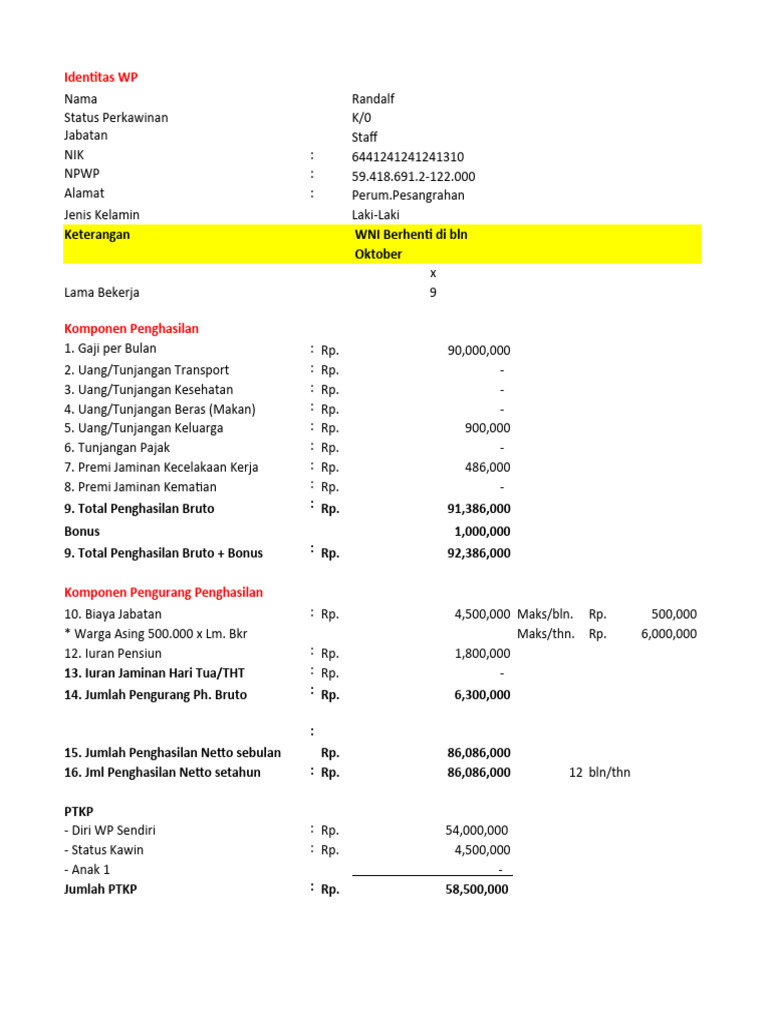 Penghitungan PPh 21 dan PTKP Randalf | PDF