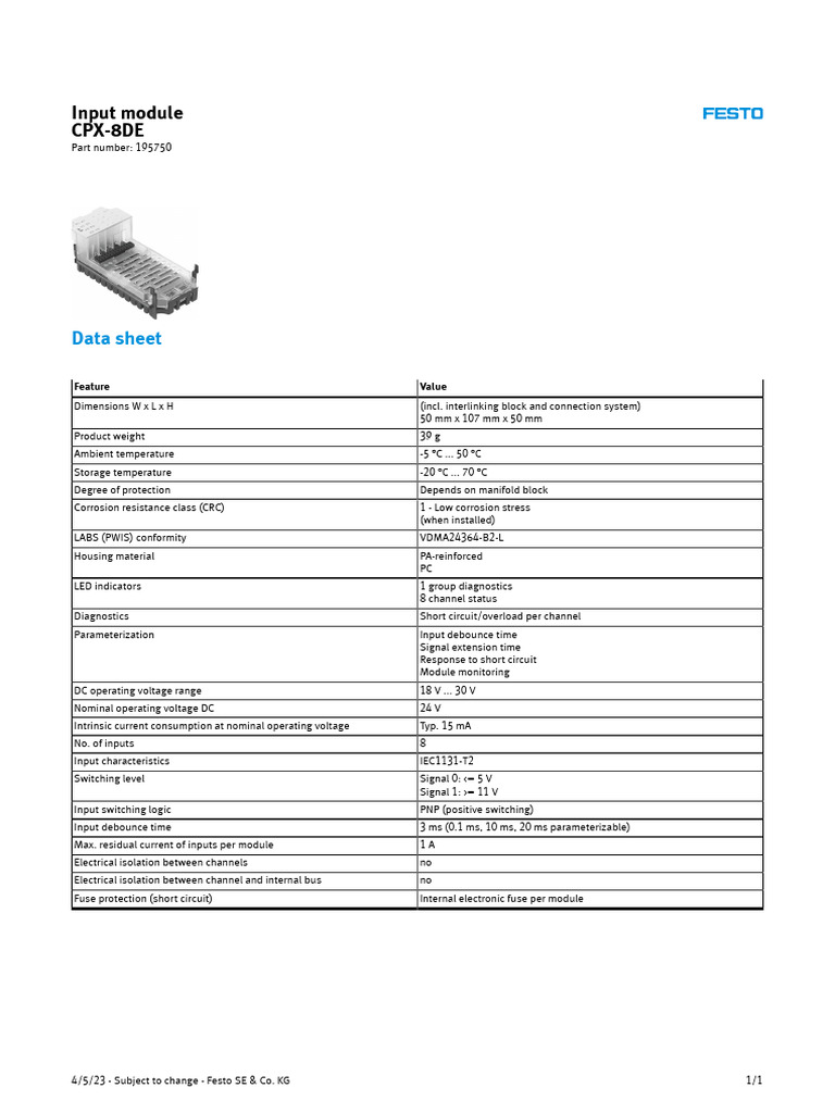 195750datasheet Input Module CPX 8DE | PDF