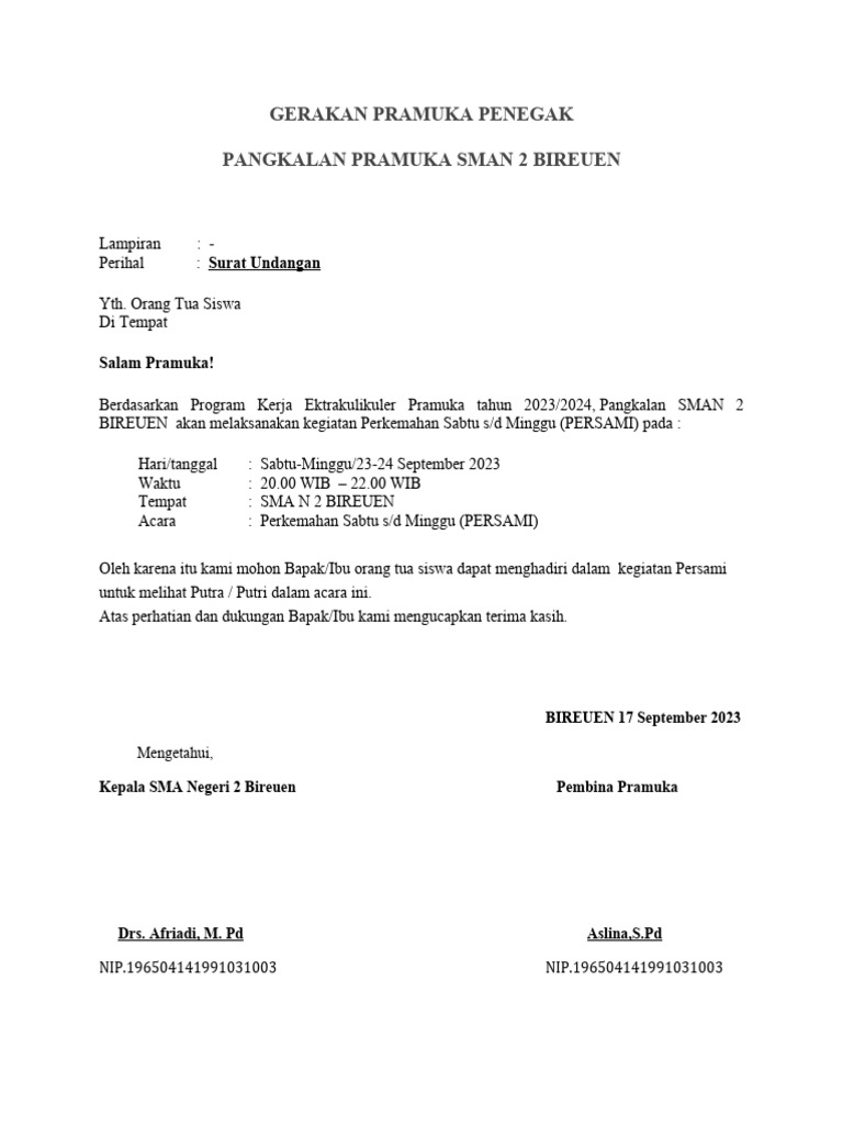 Undangan Persami Pramuka SMAN 2 Bireuen | PDF