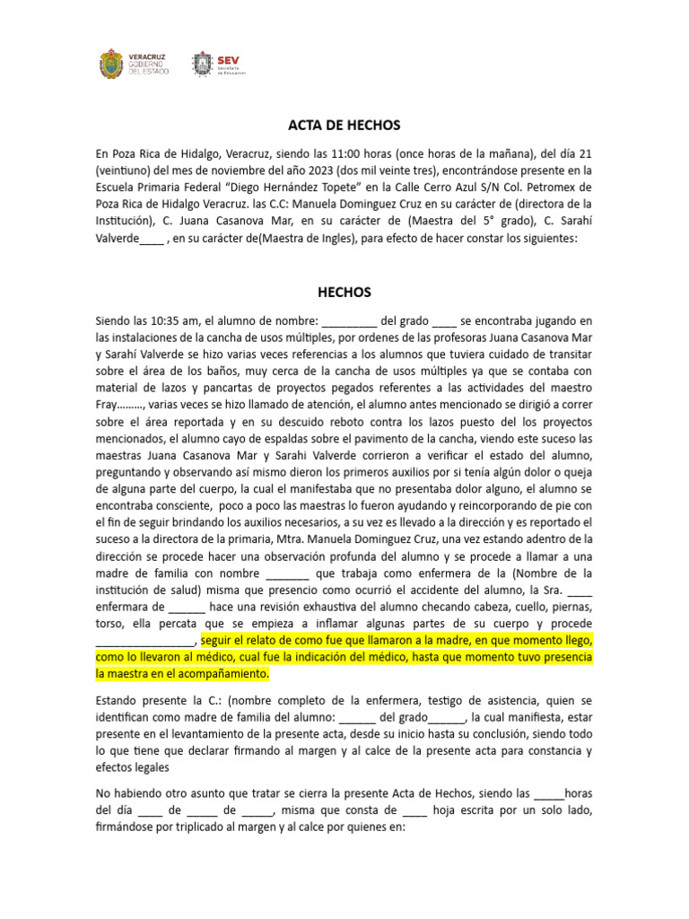 Ejemplo De Acta De Hechos Escolar Pdf Enfermería