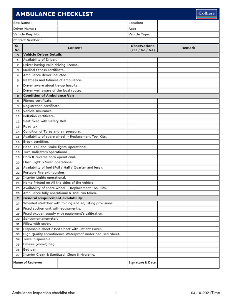 Ambulance Inspection Checklist | PDF