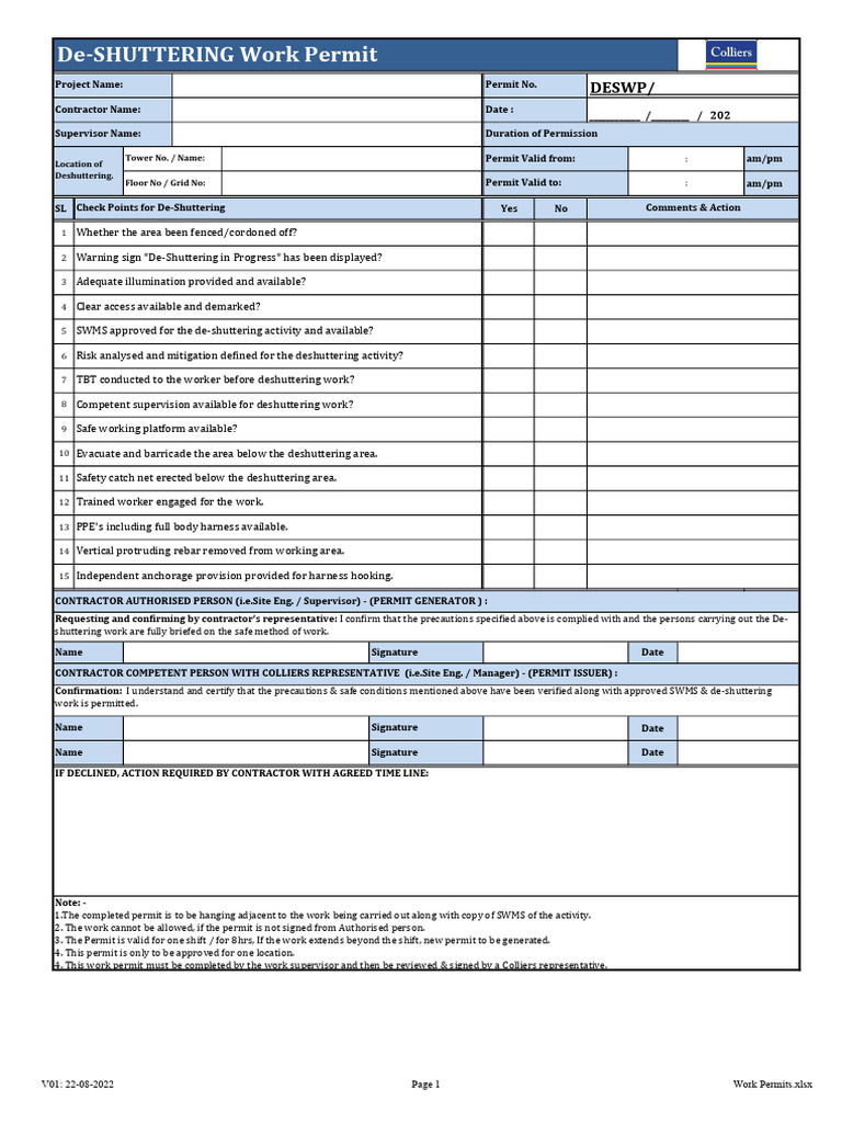De-Shuttering Permit | PDF