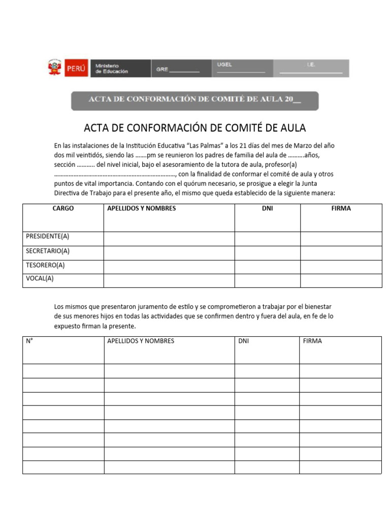 Acta de Conformación de Comité de Aula | PDF