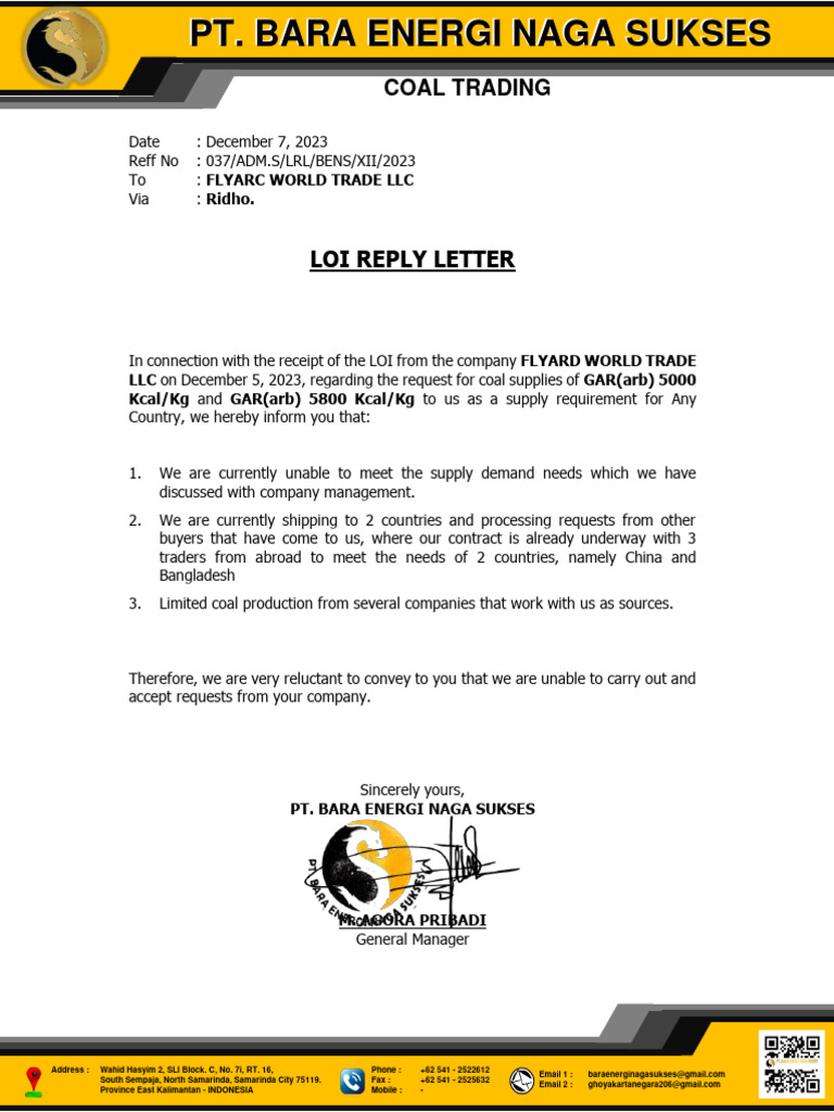 Coal Supply LOI Response - PT. BENS | PDF | Economies