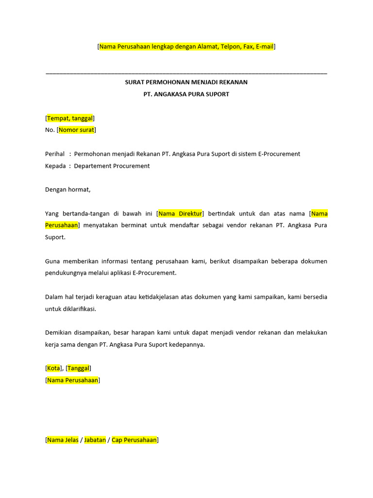 Surat Permohonan Menjadi Rekanan | PDF