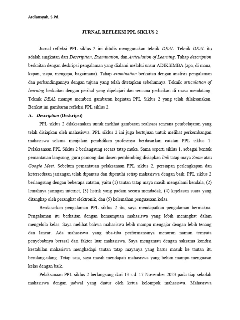 Jurnal Refleksi PPL Siklus 2 | PDF