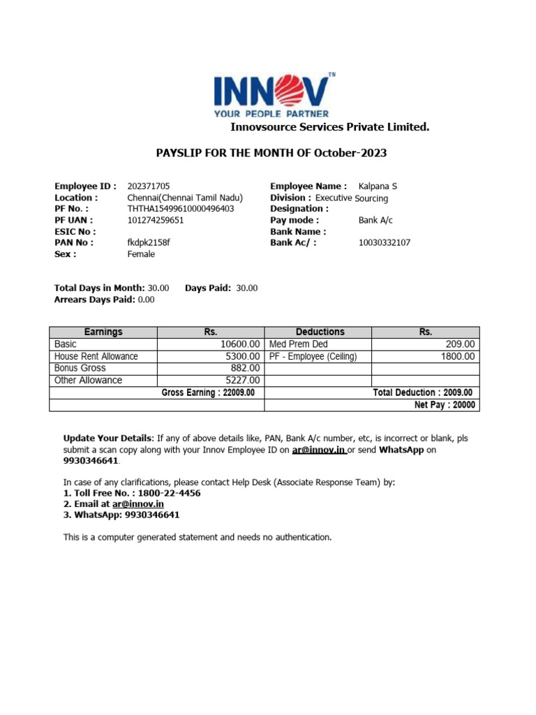 October 2023 Salary Slip Details | PDF