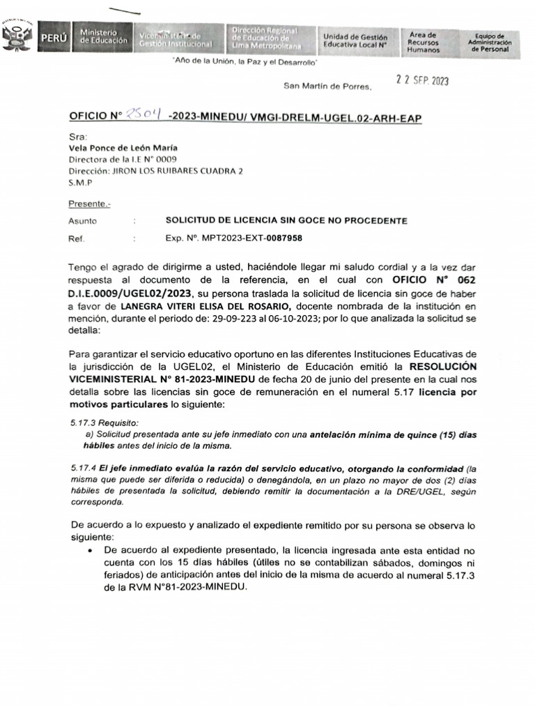 Oficio N°2524 - 2023-Minedu-Vmgi-Drelm-Dugel.02-Arh-Eap | PDF