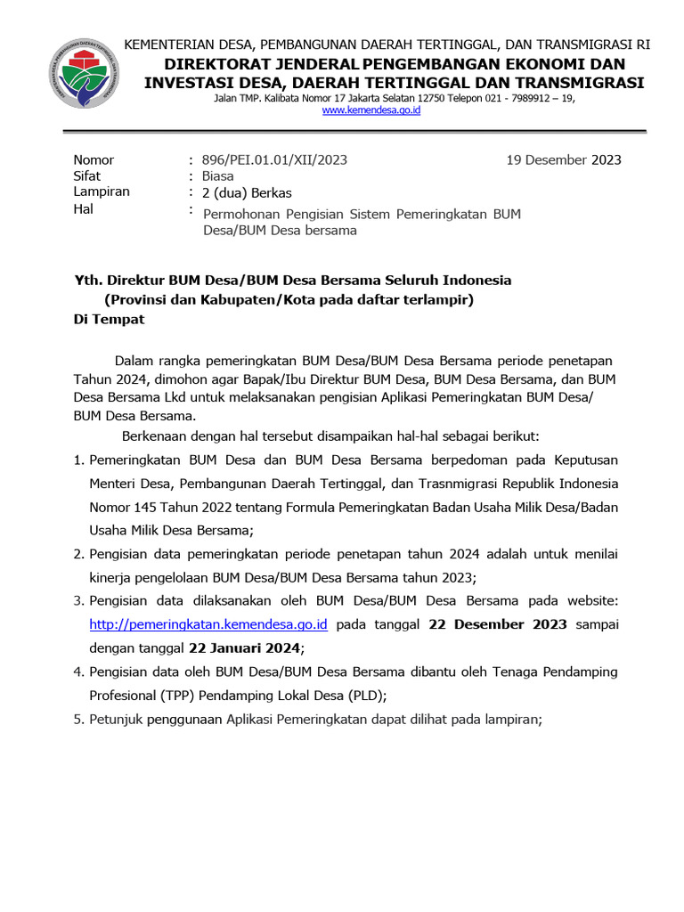 896 ND1458 - (Direktur BUM Desa) Surat Pemberitahuan Pengisian ...