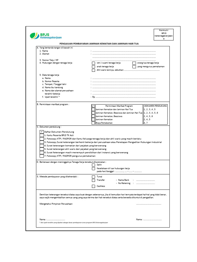 Formulir Klaim Jaminan Kematian BPJS | PDF | Karier & Perkembangan