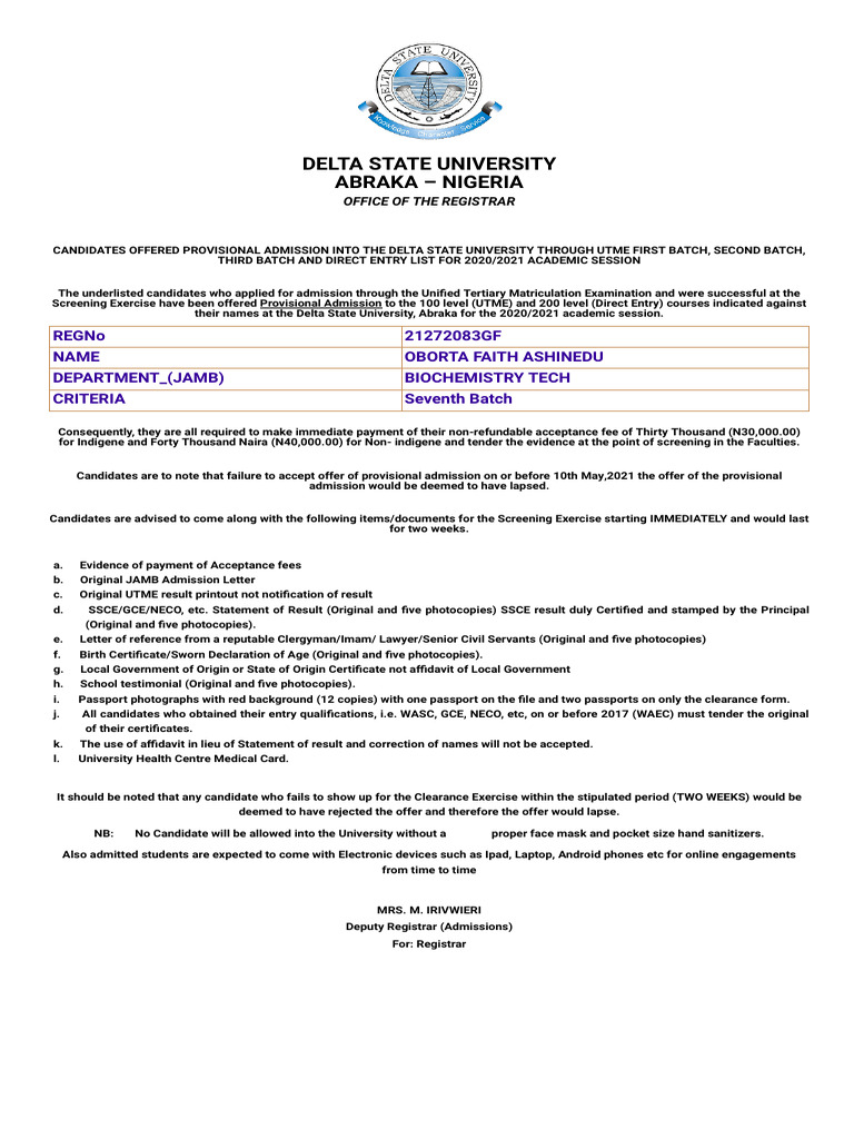 Https Delsu - Edu.ng Check2021admin - Aspx | PDF