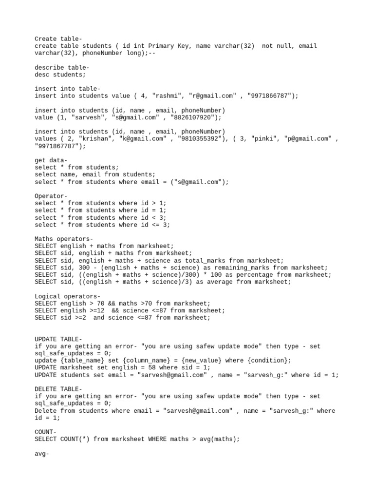 SQL Commands | PDF | Table (Database) | Computer Science