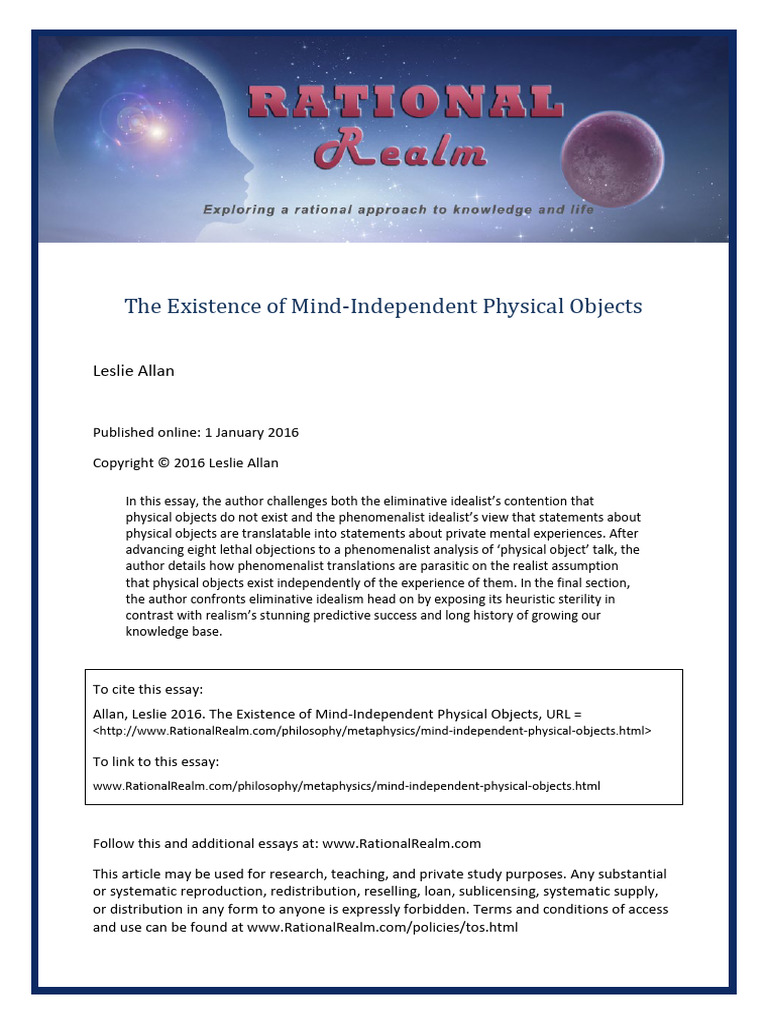 The Existence of Mind-Independent Physical Objects | PDF | Idealism ...