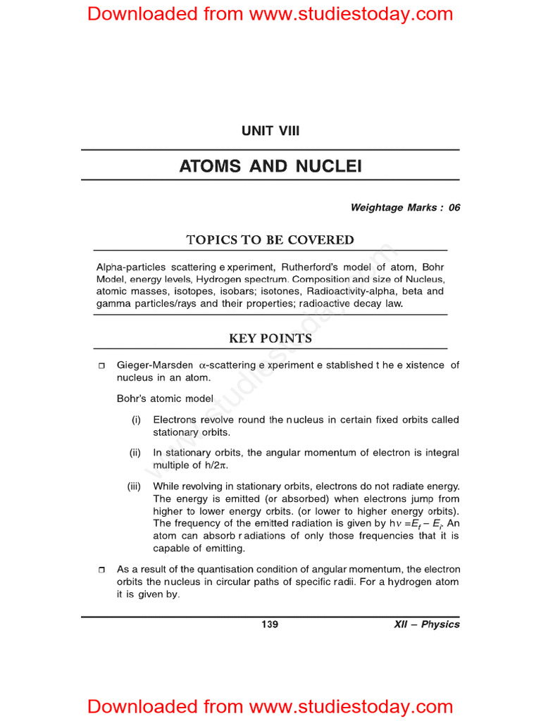 CBSE Class 12 Physics Assignment - Atoms and Nuclei | PDF | Physical ...
