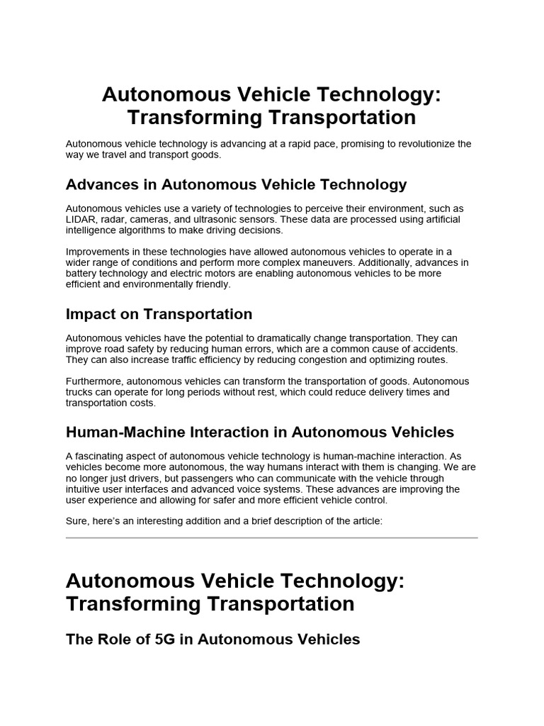 Autonomous Vehicle Technology - Transforming Transportation | PDF ...