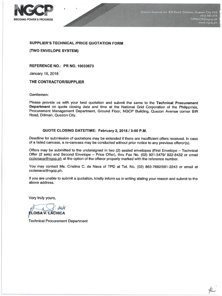 Request For Quotation - Maintenance Service Agreement For Luzon ...