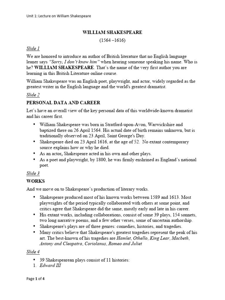 Unit 1 Script Lecture On William Shakespeare Pdf William Shakespeare