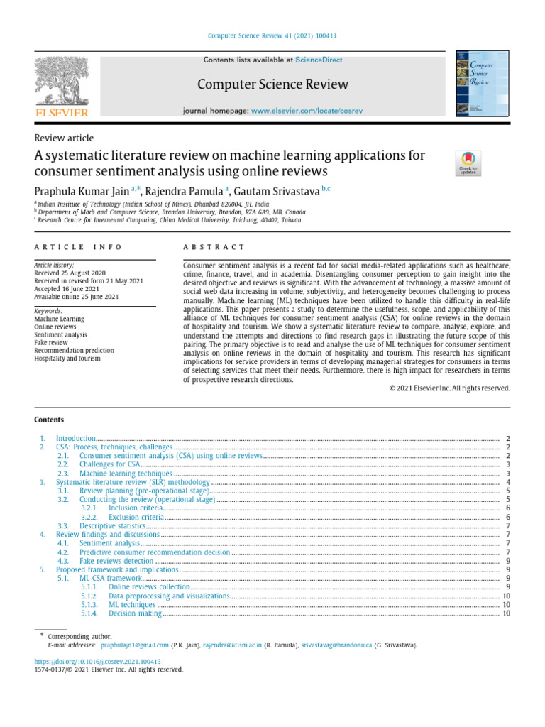Computer Science Review: Praphula Kumar Jain, Rajendra Pamula, Gautam Srivastava | PDF | Machine ...