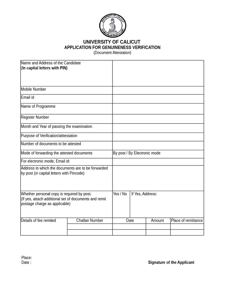 University of Calicut: Application For Genuineness Verification | PDF ...