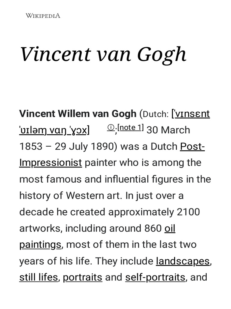 Vincent Van Gogh - Wikipedia | PDF
