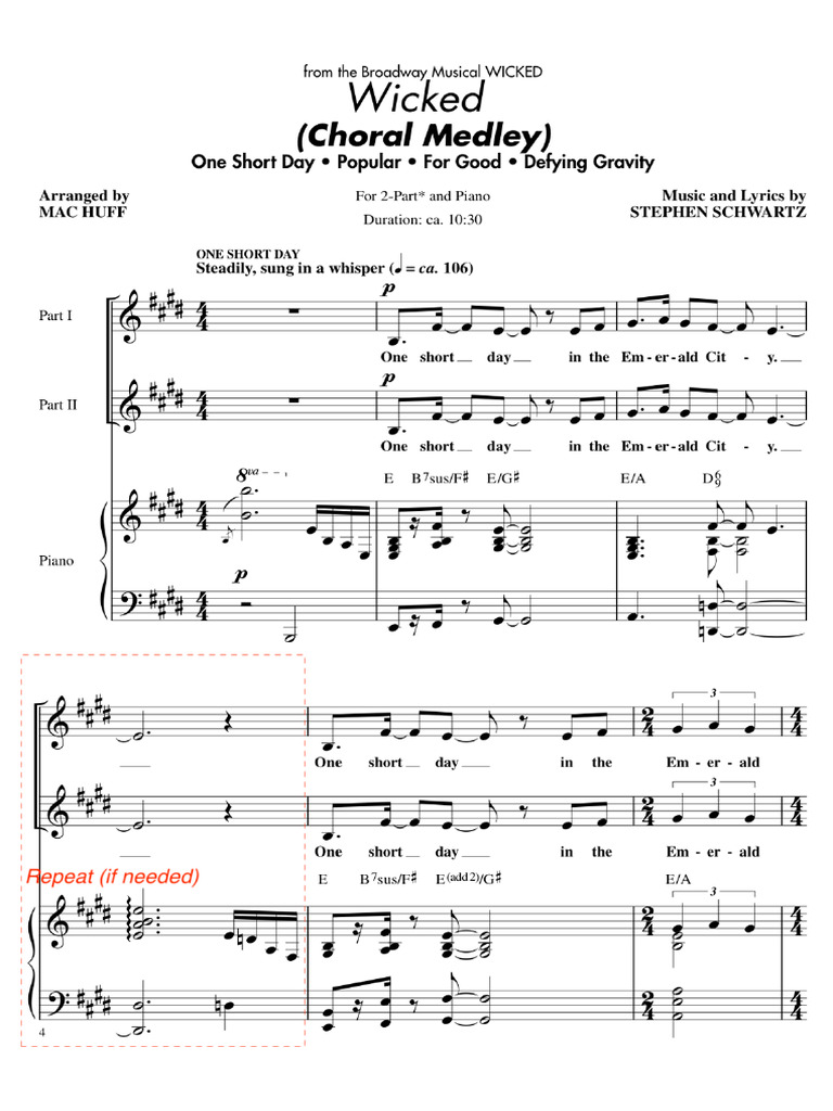 One Short Day (Wicked Medley 2-Part - E Major PIANO) | PDF