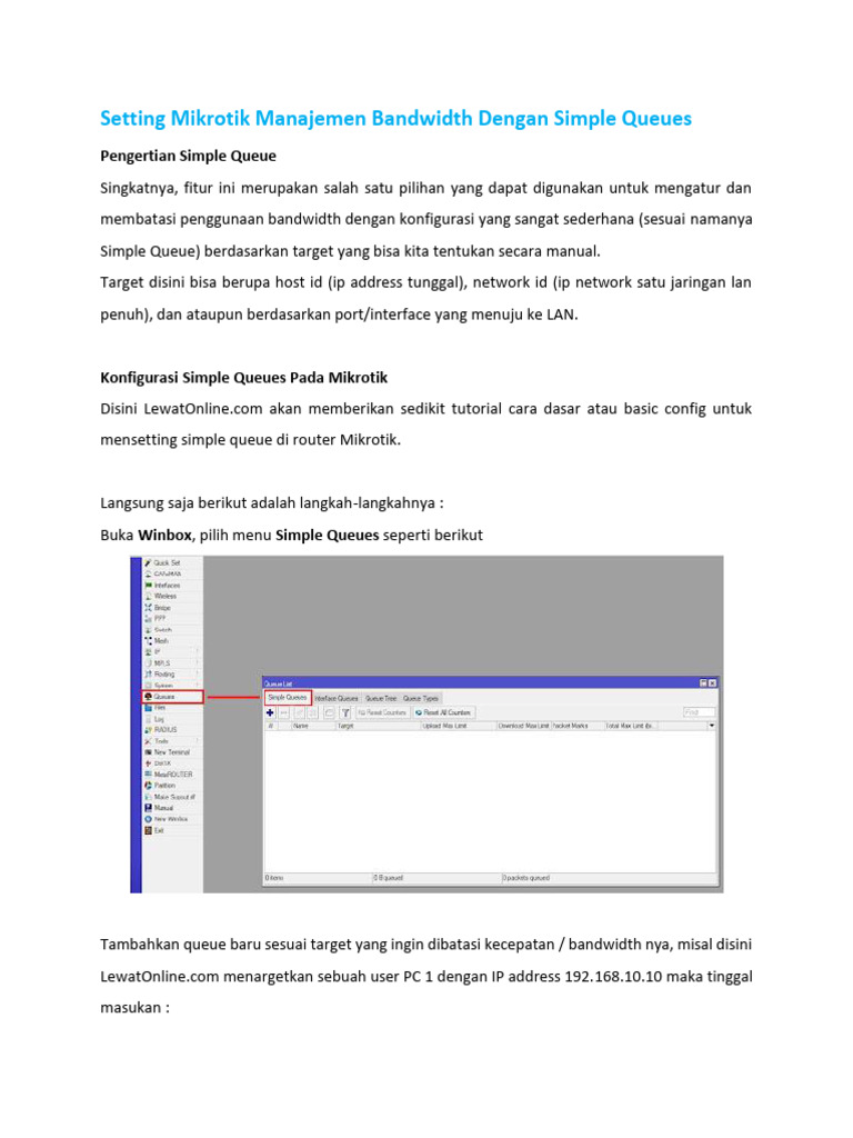 Manajemen Bandwidth Menggunakan Simple Queue Dan Queue Tree | PDF