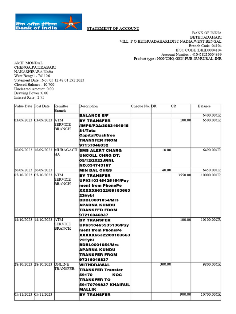 Bank of India Account Statement | PDF | Financial Services Companies ...