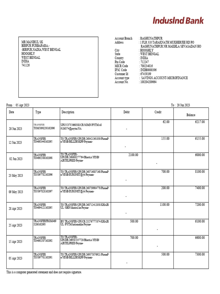 Indusin Bank Statement | PDF