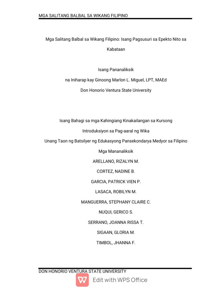 Mga Salitang Balbal Sa Wikang Filipino | PDF