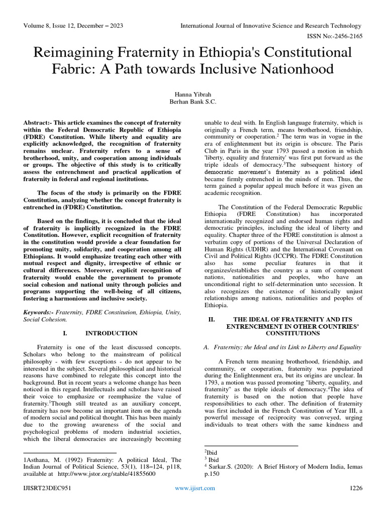 Reimagining Fraternity in Ethiopia's Constitutional Fabric: A Path ...