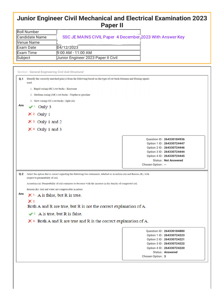 SSC Je Mains Civil Paper 4 Dec 2023 With Key | PDF | Qualifications ...