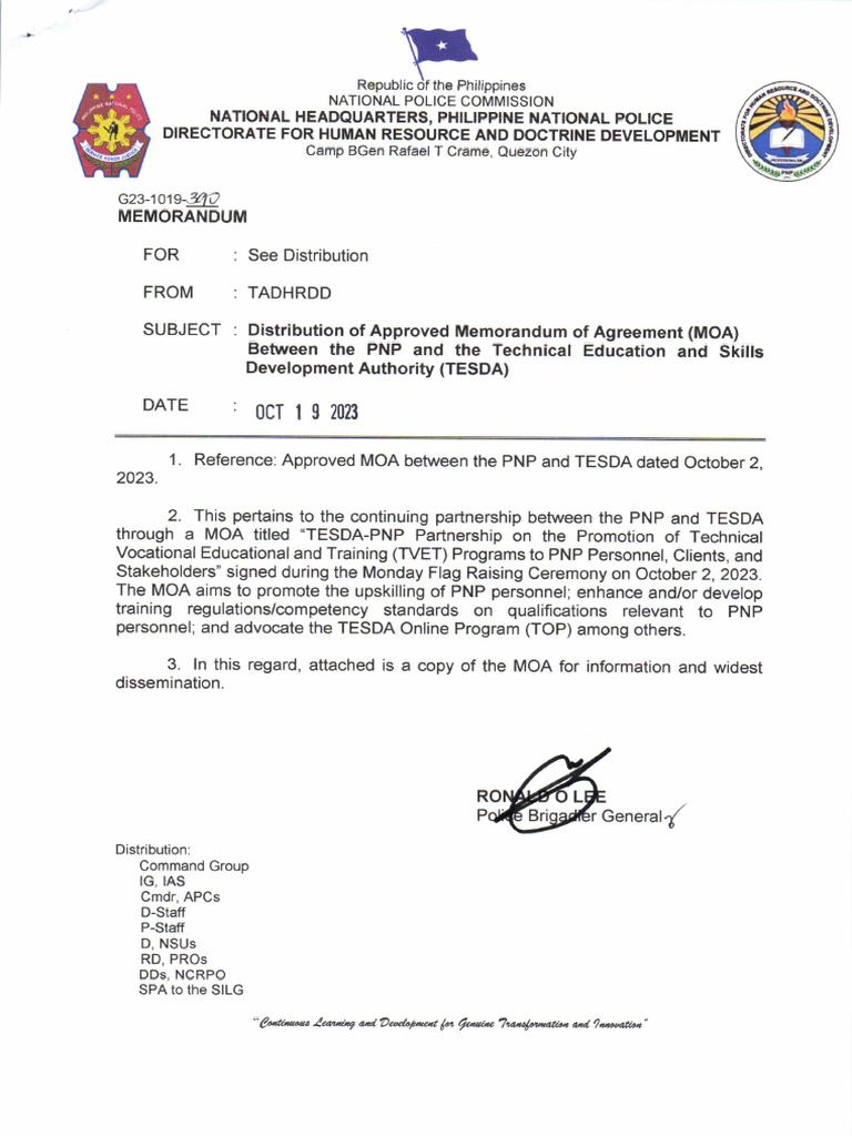 Tesda Distribution of Approved Memorandum of Agreement (Moa) Between ...